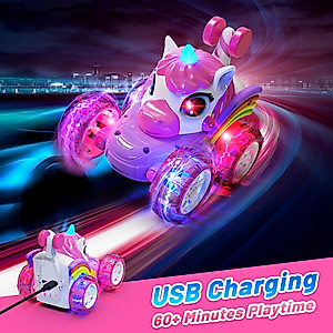 Carsky Remote Control Car RC Stunt Cars for Girl 360°Stunt Rotation 4WD Remote Cars for Kids 3-6 Double Sided RC Car with LED Lights,2.4GHz Electric Toy Car,Birthday Gift for 3 4 5 6 Year Old Girl