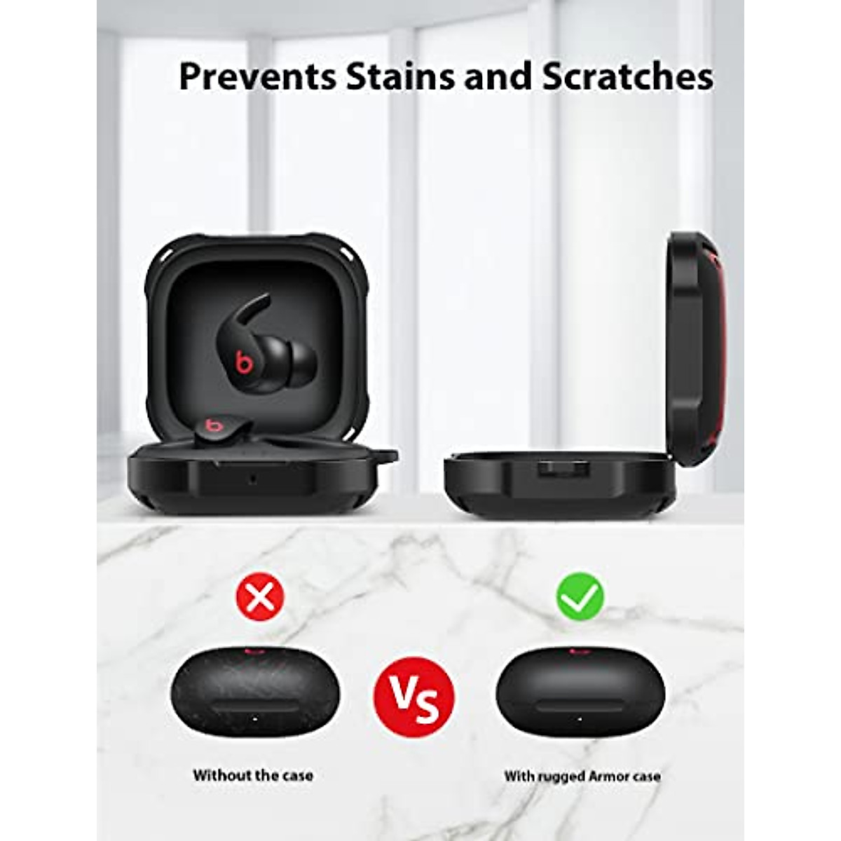 iMangoo for Beats Fit Pro Case Cover, Full-Body Protective Rugged Hard PC Soft TPU Armor Earbuds Case for Beats Fit Pro 2021 Headphones Accessories Charging Shell Protector with Carabiner Black/Red