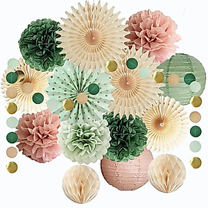 Dusty Rose and Sage Green Party Decorations Olive Sage Dusty Rose Paper Pom Poms Paper Lanterns Circle Dots Hanging Garland for Women Girls Birthday Baby Shower Wedding Bridal Shower Party Decor