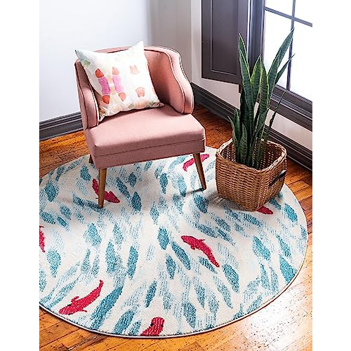 Unique Loom Positano Collection Coastal Modern Bright Colors Fish Beige Round Rug (6' x 6')
