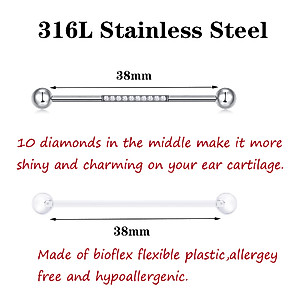 JIESIBAO Industria Bar Piercing Kit,14G Silver Industrial Earrings Surgical Steel Industrial Barbell with CZ Cartilage Earring Piercing Clamps Needles Kit 1 1/2 Inch 38mm