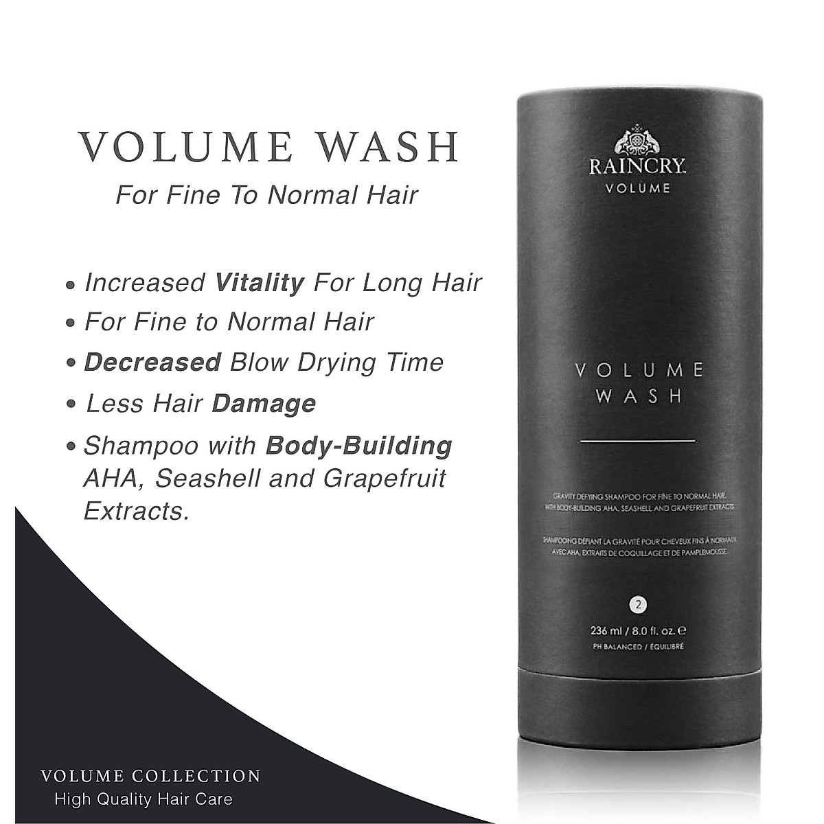 RAINCRY Volume Wash Shampoo – Natural, Professional Hair Product with Salon Stylist Quality for Fine to Normal Hair – 236 mL