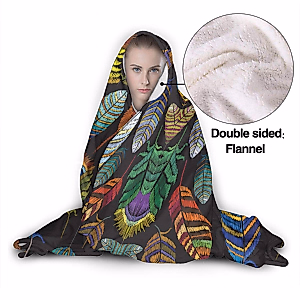321DESIGN Bird Feather Wearable Blanket Fleece Hooded Robe Cloak Throw Quilt Poncho Microfiber Sherpa Plush Warm Wrap Multiple-Size Cape Adult Size 80 x 60 Inch