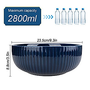 UUEMB Extra Large Salad Bowl, 2800ml Ceramic Fruit Bowl, Stylish Navy Blue Bowl Round Vertical Stripe, Soup Bowl, Serving Bowl for Salad, Fruit, Noodle, Soup(23.5x8.8cm, 95oz)