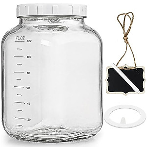 Folinstall Wide Mouth 1 Gallon Clear Glass Mason Jar with Lid, Heavy Duty Airtight Screw Lid with Silicone Gasket - Large Glass Jar with 2 Scale Mark (ExtraTag and Marker Pen)