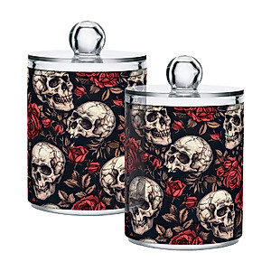GOODOLD Skull and Roses Qtip Holder 2 Pack - 10 Oz Clear Plastic Apothecary Jar Set for Bathroom Organization - Versatile Canister Storage for Cotton Balls, Swabs, Rounds