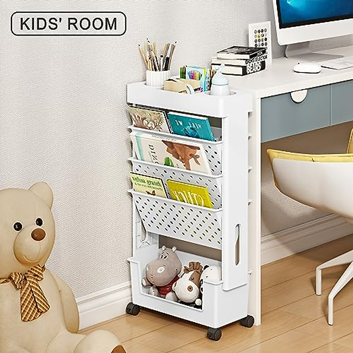 yeavs 5-Tier Mobile Bookshelf, Rolling Bookcase Book Storage Rack, Movable File Folder Organizer Cart with Wheels for Home Study Office Living Room Classroom, White