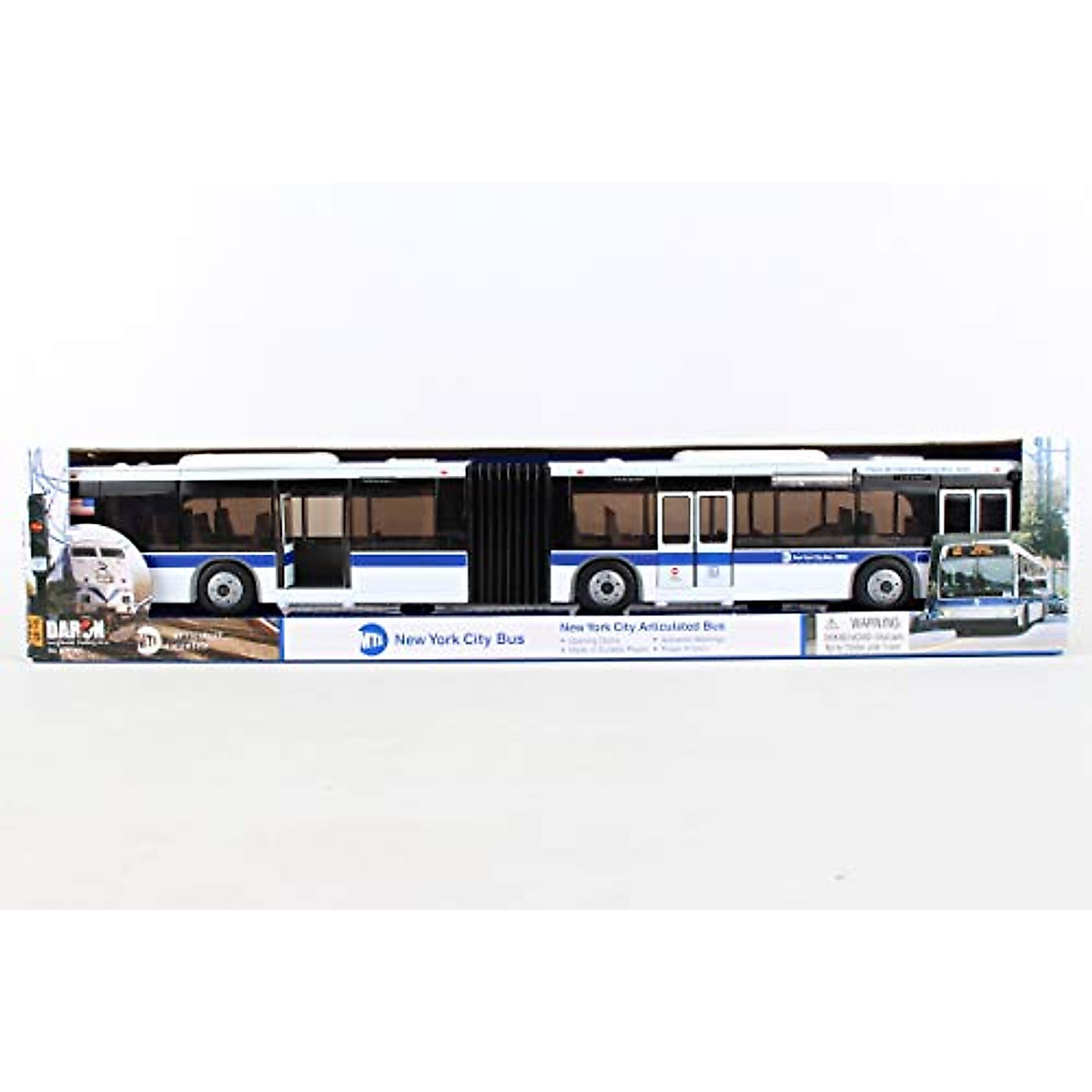 Daron RT8563 New York City MTA Metro Articulated Electric Bus 1:43 Scale- 16 Inches long White/Blue/Black