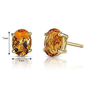 Peora Solid 14K Yellow Gold Citrine Earrings for Women, Genuine Gemstone Birthstone Solitaire Studs, 7x5mm Oval Shape, 1.50 Carats total, Hypoallergenic, Friction Back