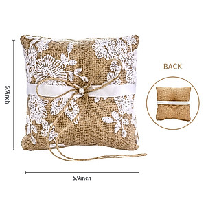 LABJULY Ring Bearer Pillows Lace Bow Flower for Fall Wedding Ceremony with Vintage Rustic Lace Bow Pearl Embroidered Flower Ribbon (6 inch)