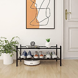 quiqear Bamboo Shoe Rack, 2 Tier Shoe Rack Organizer, Stackable & Durable Shoe Shelf Holder, Free Standing Shoe Racks, Shoe Storage Organizer for Entryway, Closet, Hallway (Black)