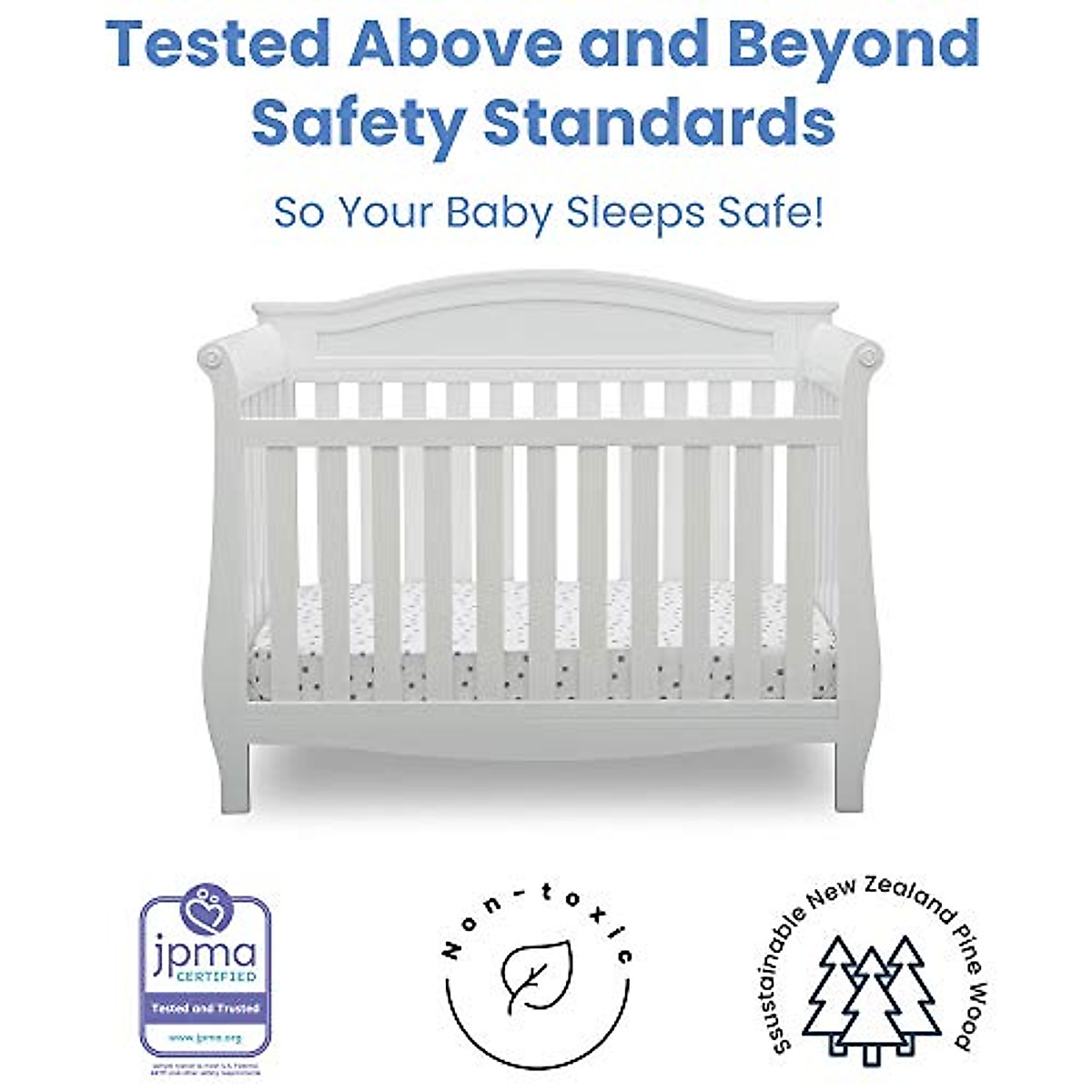 Delta Children Lancaster 4-in-1 Convertible Baby Crib & Twinkle Stars Waterproof Fiber Core Crib and Toddler Mattress, Bianca White