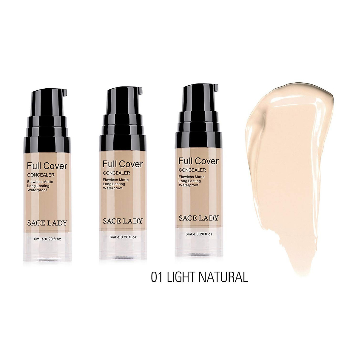 3 Pack Pro Full Cover Liquid Concealer, Waterproof Smooth Matte Flawless Finish Creamy Concealer Foundation for Eye Dark Circles Spot Face Concealer Makeup, Size: 3×6ml/0.20Fl Oz, Light Natural