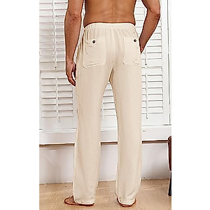 Soojun Mens Linen Pull on Pants with Elastic Waist Casual Yoga Pants, Khaki, Medium/32 Inseam