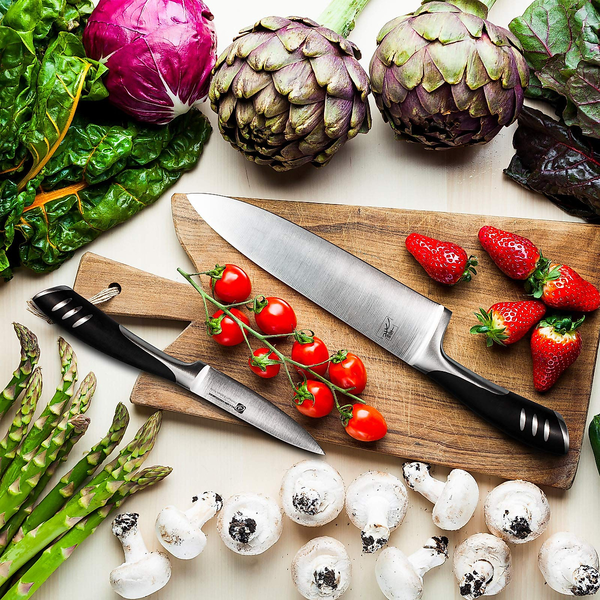 Premium 8-Piece German High Carbon Stainless Steel Kitchen Knives Set with Rubber Wood Block, Professional Double Forged Full Tang Chef Knife Set