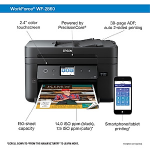 Epson Workforce WF-2860 All-in-One Wireless Color Inkjet Printer, Black - Print Scan Copy Fax - Ethernet NFC Auto 2-Sided Borderless Printing, 14 ppm, 4800 x 1200 dpi, 30-Sheet ADF, Voice Activated
