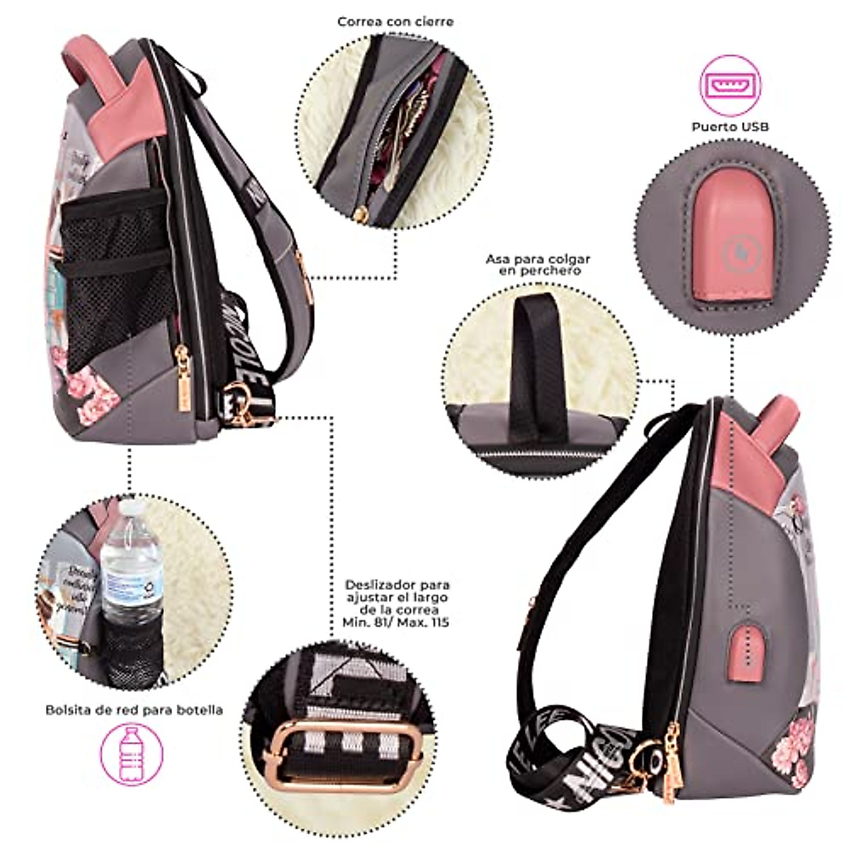 Nicole Lee Sling Backpack with USB Charging and Earphone Ports, Top Handle Travel School Crossbody Bag, Adjustable Strap (Double Queens)