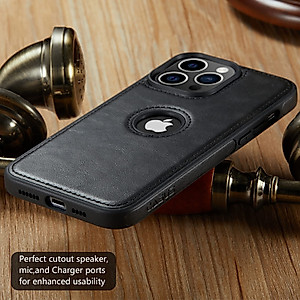 Casus Designed for iPhone 14 Pro Max Case Vegan Leather Slim Logo View Classic Luxury Elegant Thin Protective Cover (2022) 6.7" (Black)