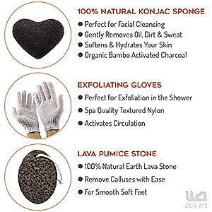 Zen Me Dry Brush Set – Premium Body Exfoliator Brush, Exfoliating Gloves, Pumice Stone for Feet & Konjac Sponge for Face, Boar Bristle Body Brush for Showering, Bath Brush, Natural Skin Scrubber Tools