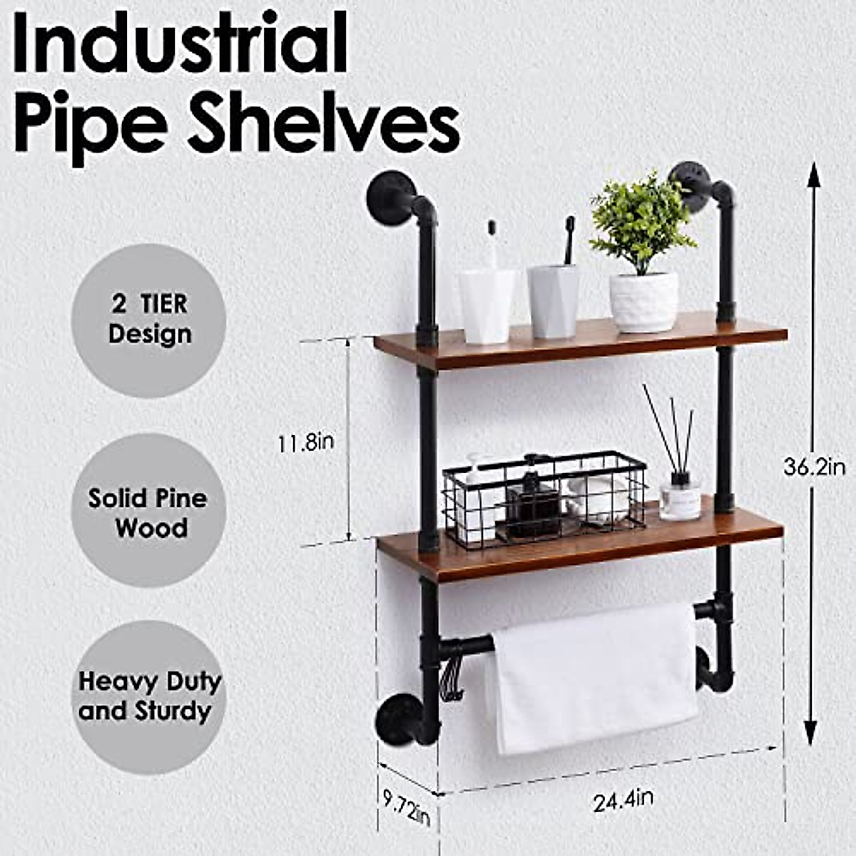 2 Tier Bathroom Floating Shelves with Industrial Pipe, 36 Inch Rustic Wood Wall Mounted Over Toilet Shelves with Towel Bar and Hooks, Wall Shelves for Bookshelf Kitchen Bar Living Room