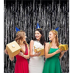CapriValley 4 Packs 3.2ft x 6.6ft Black Fringe Curtain Foil Curtain Foil Backdrops Party Backdrops Decorations Tinsel Metallic Curtains