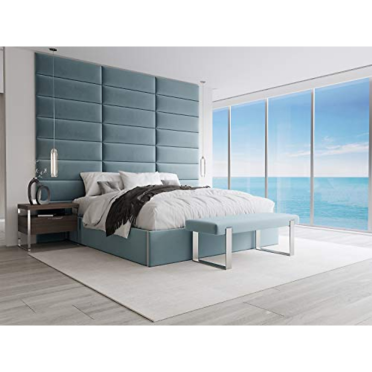 VANT Upholstered Bed Bench - Velvet Antique Blue - Brushed Nickel - Contemporary Modern, Accent Bench for End of Bed, Hallway, or Entryway