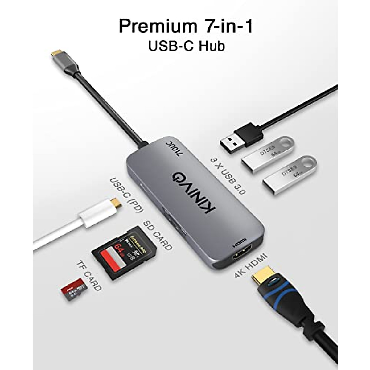 Kinivo 710UC USB C Hub (7 Port USB-C Adapter- 3 USB 3.0-5Gbps Data, 4K HDMI, 100W PD, SD, TF Card Reader) - Compatible with MacBook Pro Air (Thunderbolt 3), iPad Pro, Chromebook, XPS, Samsung