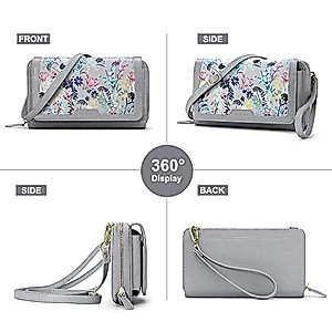 Women Crossbody Wallet Purse, RFID Card Holder Wristlet Clutch 2 Straps,Grey Floral