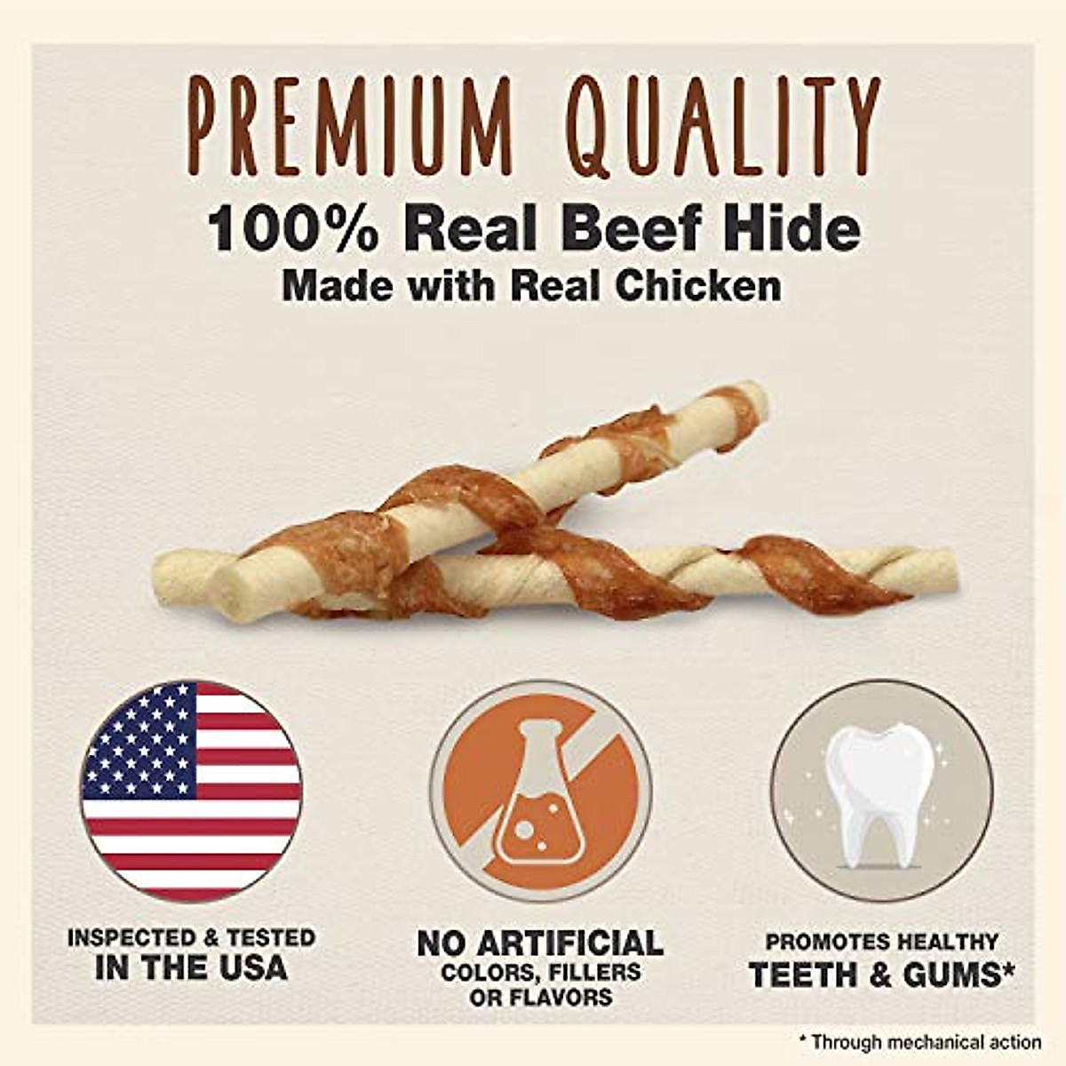 Cadet Gourmet Beef Hide & Chicken Twists Dog Treats - Healthy & Natural Rawhide & Chicken Dog Treats for Small & Large Dogs - Inspected & Tested in USA, 5 In. (50 Count)
