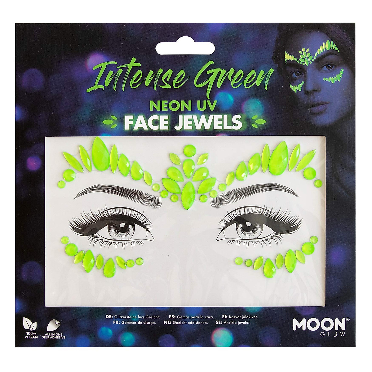 Neon UV Face Jewels by Moon Glow - Festival Face Body Gems, Crystal Make up Eye Glitter Stickers, Temporary Tattoo Jewels (Intense Green)