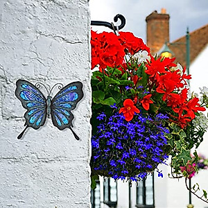 HONGLAND Metal Butterfly Wall Decor Glass Outdoor Wall Art Sculpture Hanging Garden Decorations Blue for Home Garden