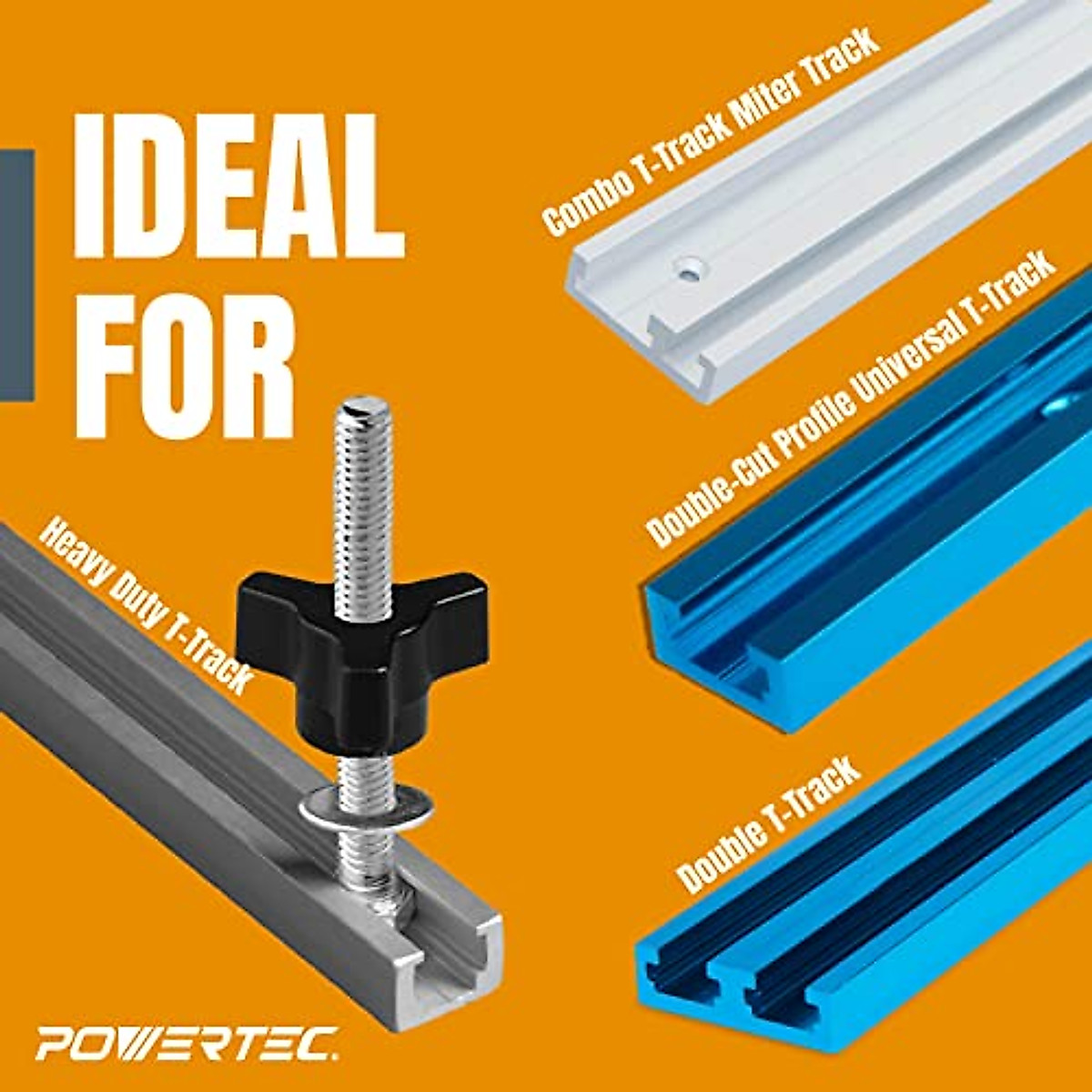 POWERTEC 71068 T Track Knob Kit with 1/4-20 by 1-1/2" Hex Bolts and Washers, Set of 10 T Track Bolts, T Track Accessories for Woodworking Jigs and Fixtures