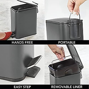 mDesign Slim Metal Rectangle 1.3 Gallon Trash Can with Step Pedal, Easy-Close Lid, Removable Liner - Narrow Wastebasket Garbage Container Bin for Bathroom, Bedroom, Kitchen, Office - Charcoal Gray