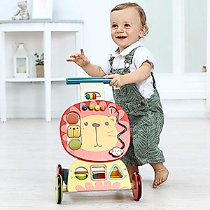 labebe - 4 Wheels Baby Walker, Wooden Push Wagon Toy for 1-3 Years Old Girl/Boy, Toddler/Kid Push Toy Cart for Walking, 2-in-1 Toy Shopping Cart, Outdoor Activity Walker for Infant - Yellow Lion