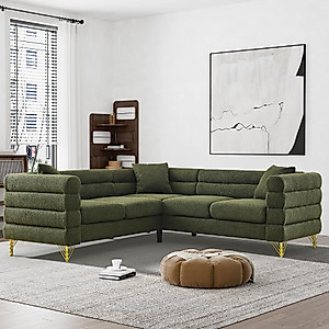 Wrofly L Shaped Corner Sectional Couch, Overstuffed Sherpa Deep Seat Cloud Sofa with 5 Pillows, Sofa and Loveseat Furniture Sets for Living Room Bedroom, Olive Green Teddy