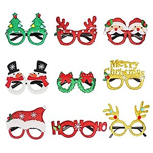WWW 9Pcs Christmas Glasses Glitter Party Glasses Frames Christmas Decoration Costume Eyeglasses Funny Eyewear with 9 Designs for Christmas Party Favors Holiday Favors (One Size Fits All)