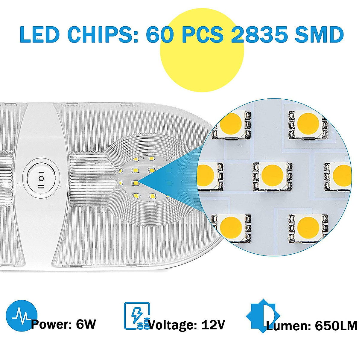 Miady RV Interior Light 650 Lumens 12V RV LED Ceiling Dome Light with ON/Off Switch for Car/RV/Trailer/Camper/Boat, Natural White 4000-4500K, 60X2835SMD (Pack of 5)