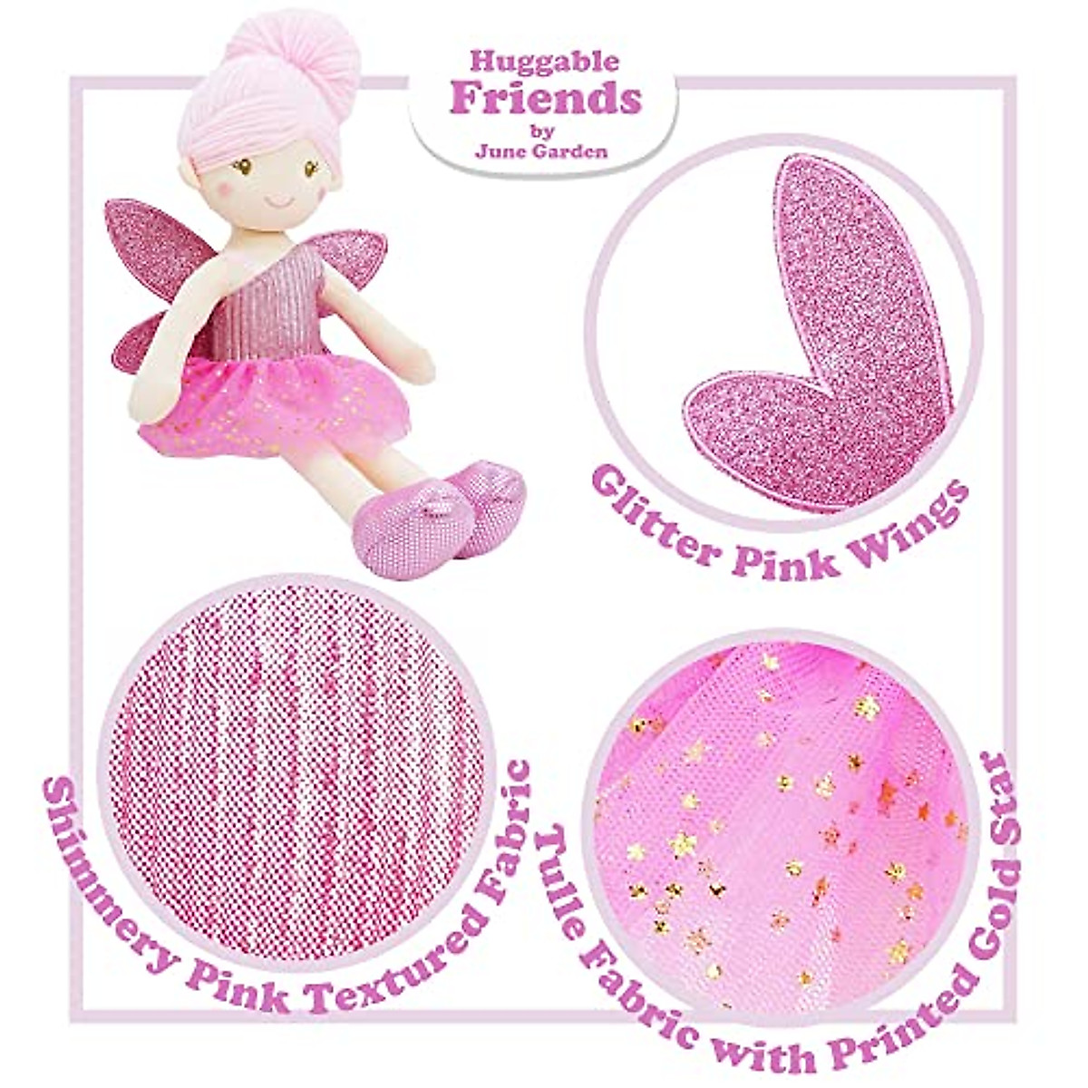 June Garden 12" Enchanted Garden Fairy Doll Elida - Plush Stuffed Soft Doll Girl Gift - Pink Outfit and Wings