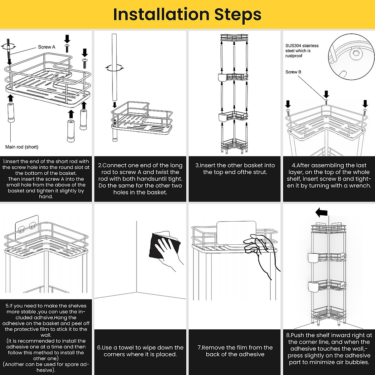 Vetacsion Corner Shower Caddy with Toothbrush Shelves, 4 Tier Standing Rustproof Shower Organizer, Metal Floor Shower Shelves for Bathroom Storage