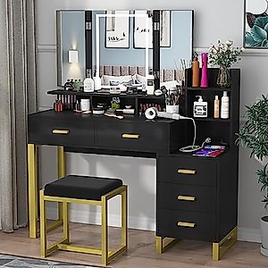 PAKASEPT Makeup Vanity with Tri-fold Makeup Mirror, Vanity Desk with 3-Color Adjustable Touch Light, Charging Station, Vanity Table with Nightstand,5 Drawers, Storage Shelves&Cushioned Stool…