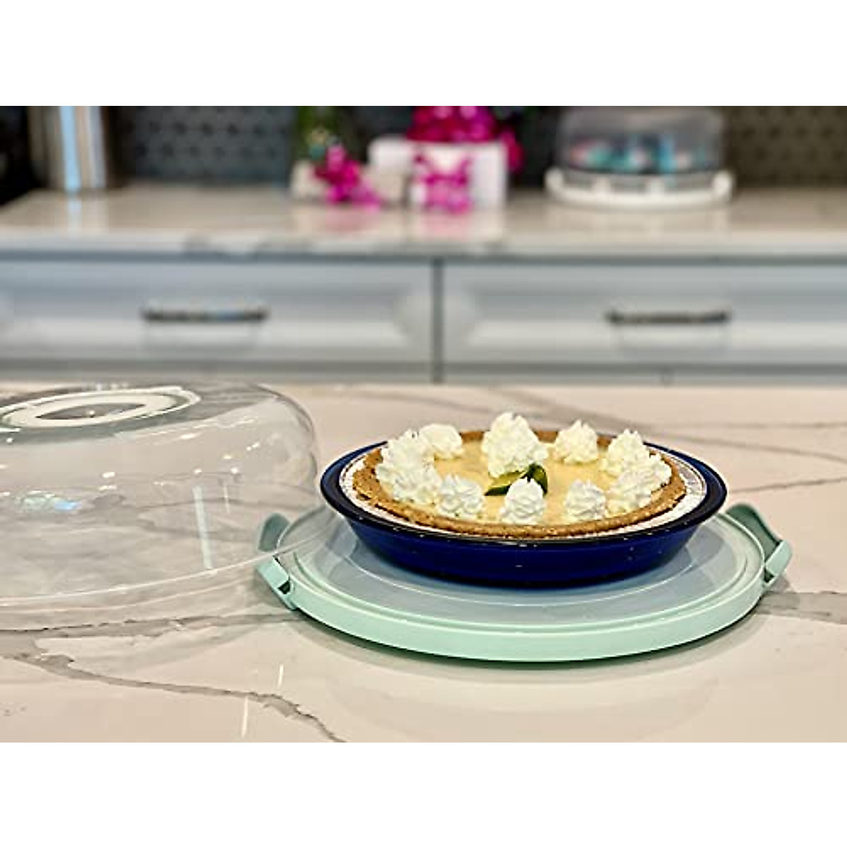 Top Shelf Elements Pie, Cake, Cheesecake Carrier for up to 10 in x 4 1/2 in cake. Two Sided Fashionable Stand Doubles as Five Section Serving Tray Perfect Taker Caddie for Travel (Green)