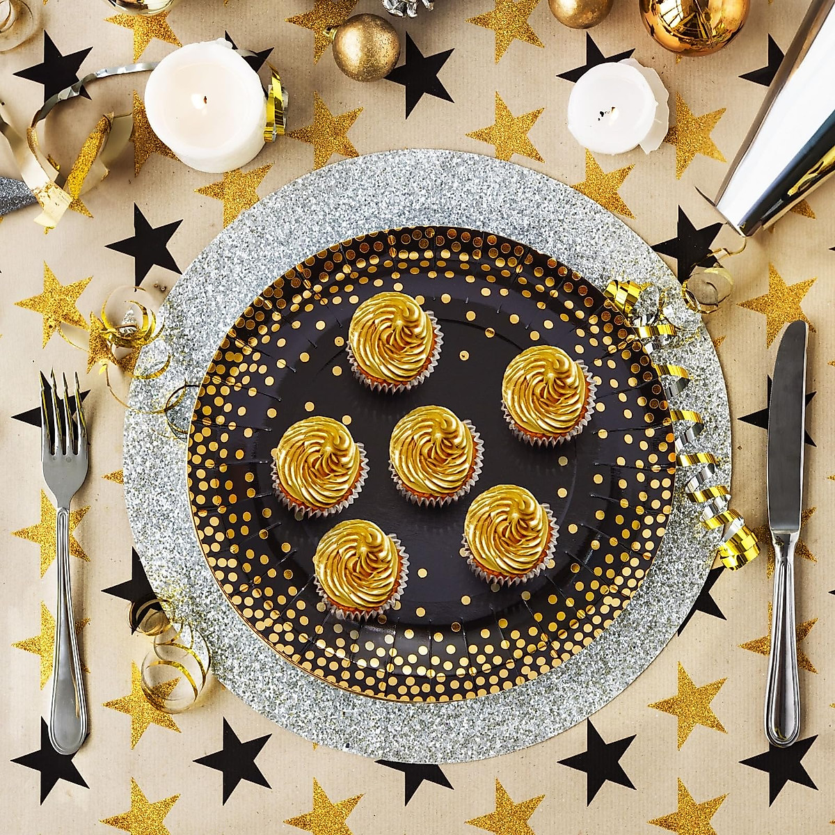 BLUE PANDA 48-Pack Black and Gold Party Plates, 7 Inch Paper Plates for Birthday Cake and Desserts