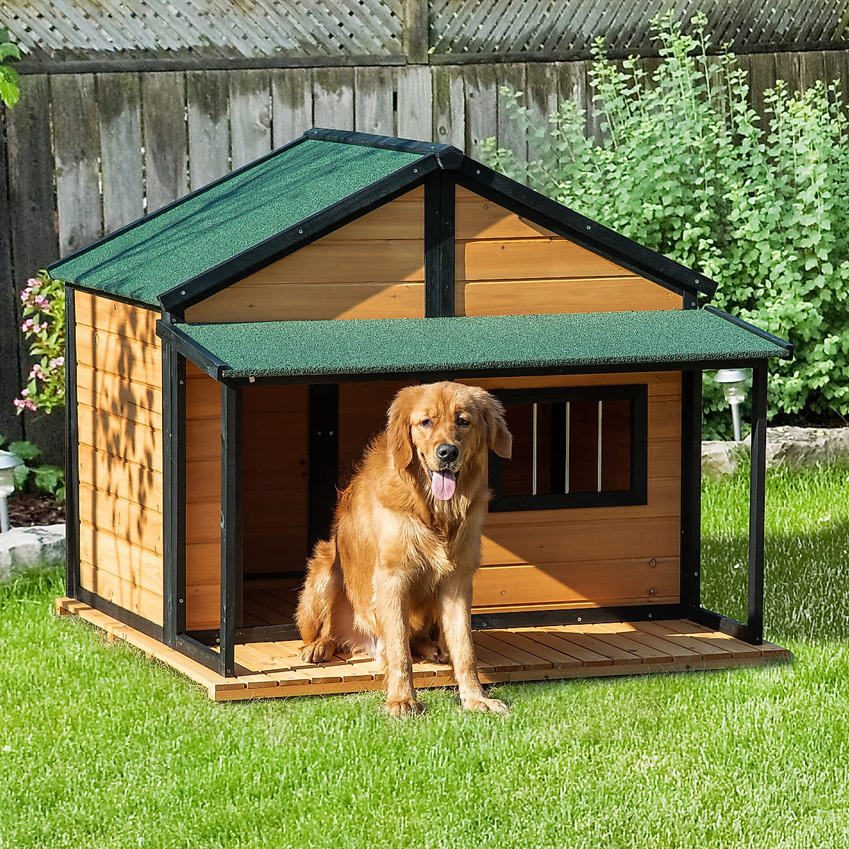 PawHut Outdoor Dog House Cabin Style, Wooden Raised Pet Kennel with Asphalt Roof, Front Door, Side Window, Porch for Medium/Large Dogs, Loading 53 lbs, Yellow