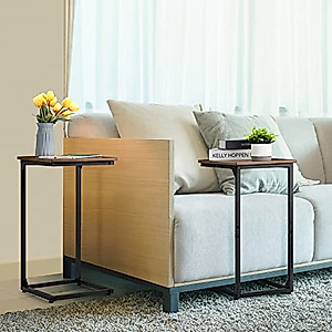 Nandae C Shaped End Table Set of 2, Rustic Side Table Bedside Table with Metal Frame for Laptop, Snack, Sofa Couch, Bed Living Room Bedroom, Rustic Brown