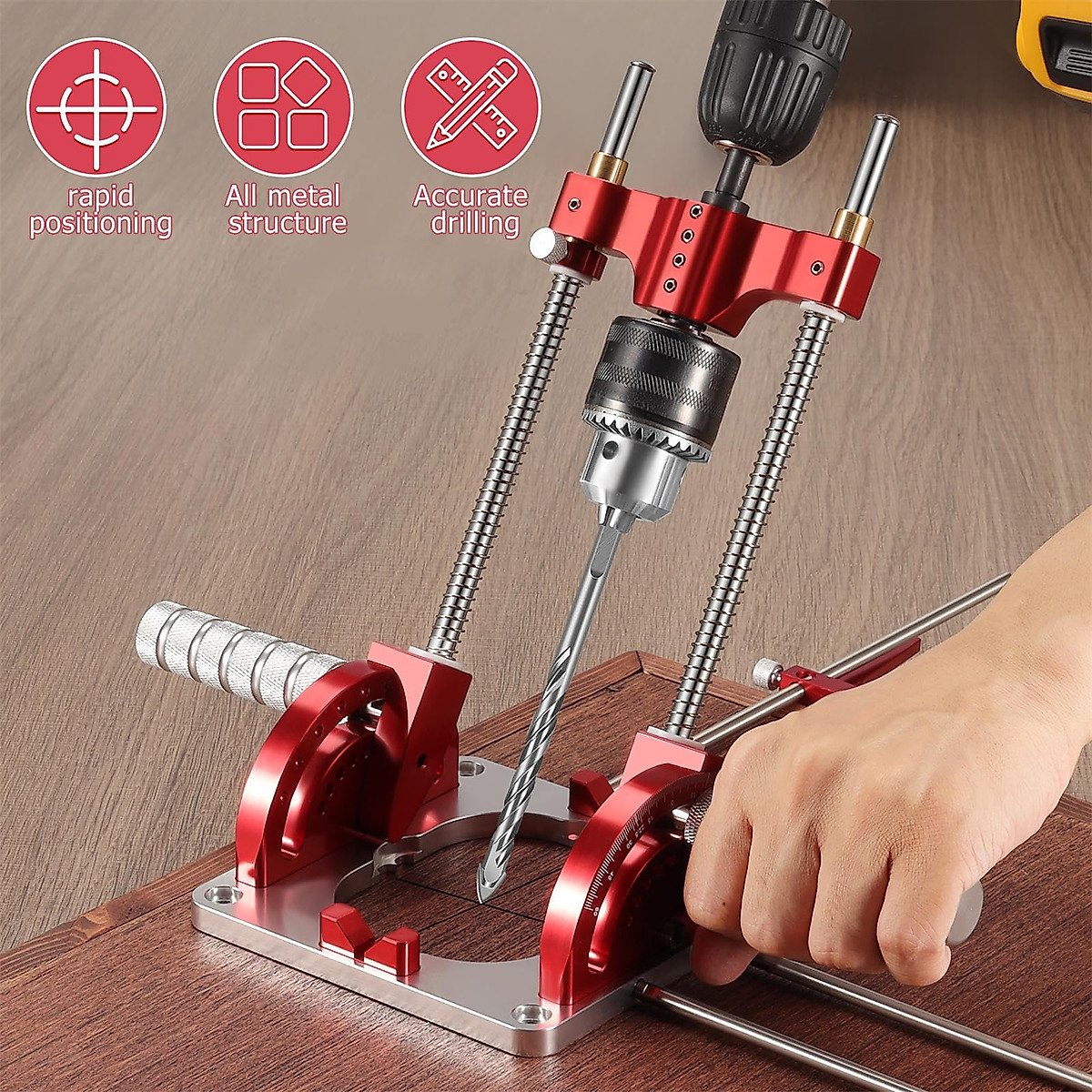 Portable Drill Guide Self-Centering Portable Drill Guide w/Chuck Key, 0° To 60° Angle Drill Guide w/Easy-To-Read Protractor Scale,Multi-Angle Drill Guide With Self-Centering Base Woodworking Furniture
