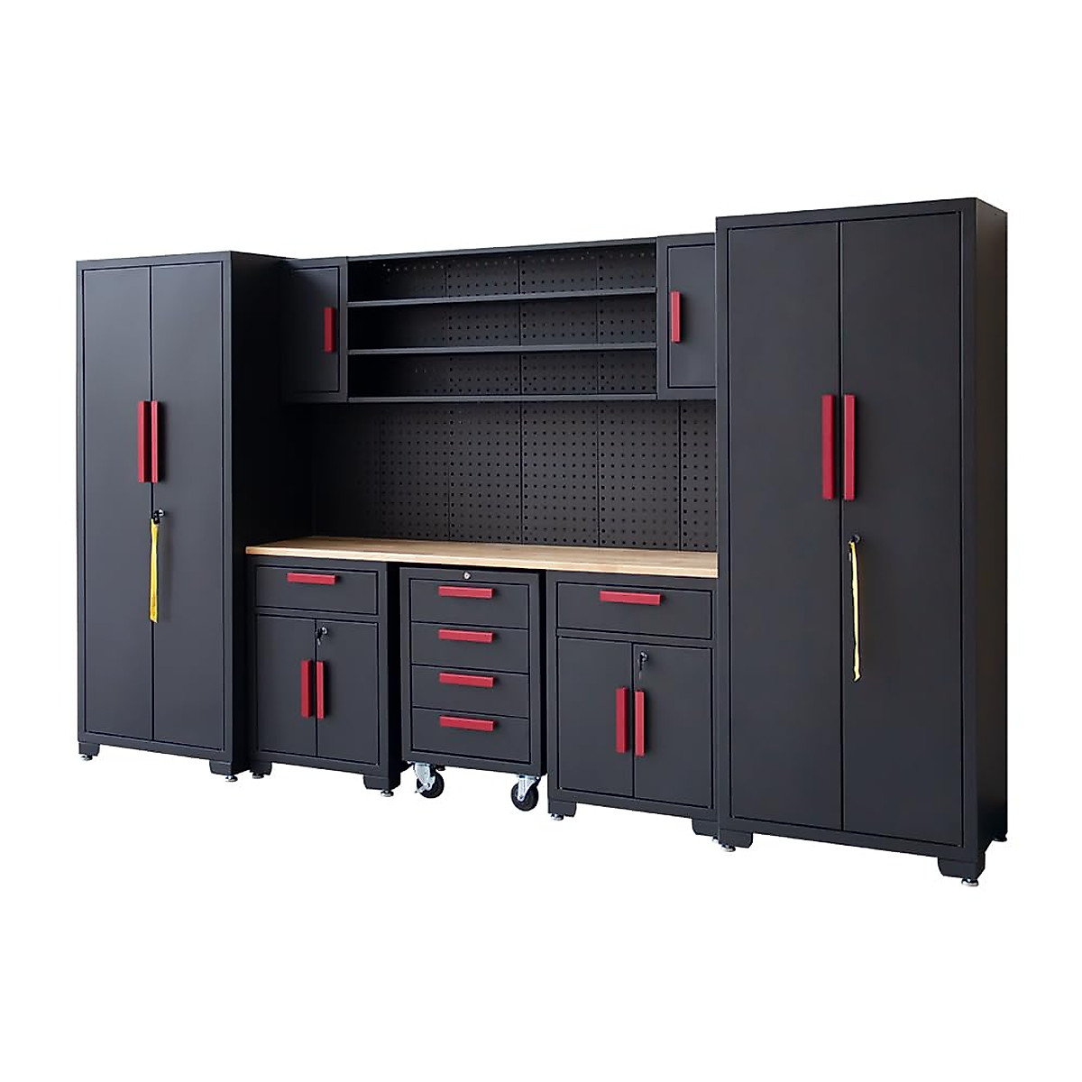 4utoHydra 9-Pcs Workshop Cabinet Set in Black with Workbench - Perfect for Organizing Garage and Tools - Included Steel Cabinets Drawers Shelving Rolling Chest, RD-QGPGC103000