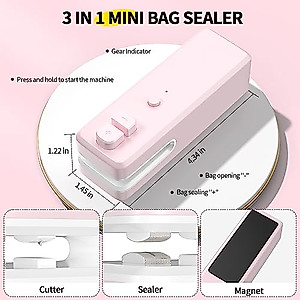 Bag Sealer Mini, 3 in 1 Mini Bag Sealer Heat Seal with Cutter & Magnet, Rechargeable Mini Chip Bag Vacuum Sealer Machine for Reseal Plastic Bags & Keep Snacks Fresh, Portable Kitchen Gadget (PINK)