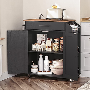 HOOBRO Kitchen Island with Power Outlet, Kitchen Storage Island with Spice Rack and Drawer, Rolling Kitchen Cart on Wheels, for Home, Kitchen and Dining Room, Rustic Brown and Black