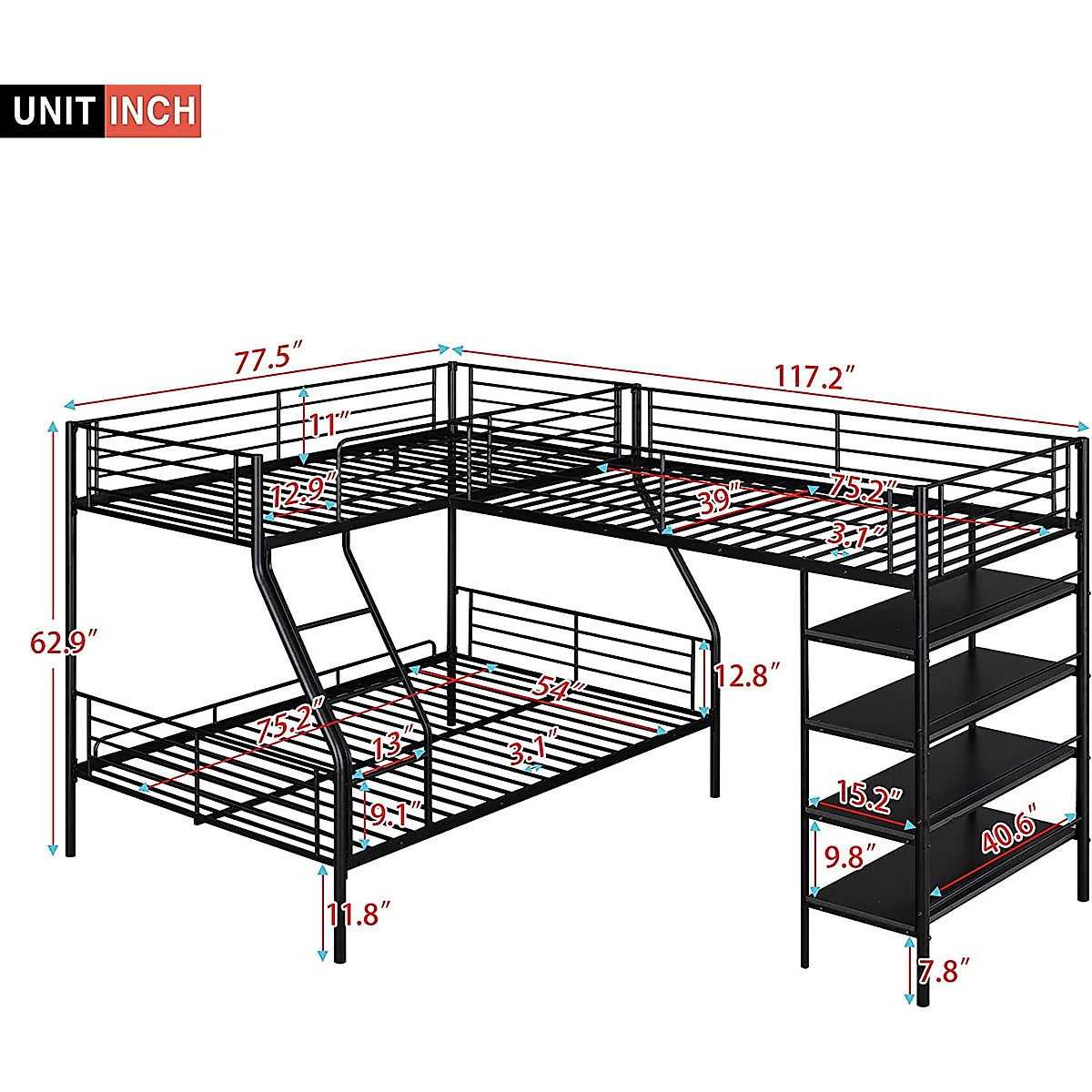 DNYN Twin Over Full Bunk Bed for Kids,L-Shaped Metal Bedframe with Loftbed Style & 4 Built-in Shelves,Perfect for Dorm,Bedroom,Guest Room,No Box Spring Needed,117.2"x77.5"x62.9", Black