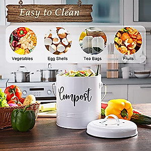 DAYYET Compost Bin Kitchen - 1.3 Gallon Farmhouse Kitchen Compost Bin Countertop - Indoor Compost Bin - Countertop Compost Bin with Lid and Charcoal Filters - Rust Proof Compost Bucket, White